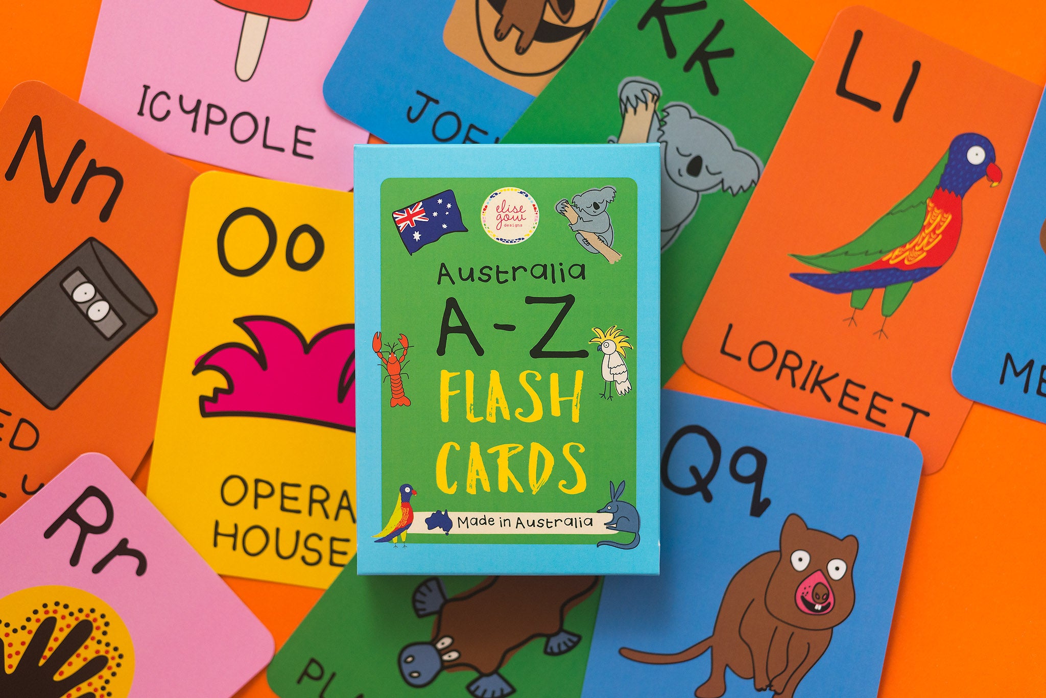 Australia themed A-Z Alphabet Flash Cards for kids – Elise Gow Designs